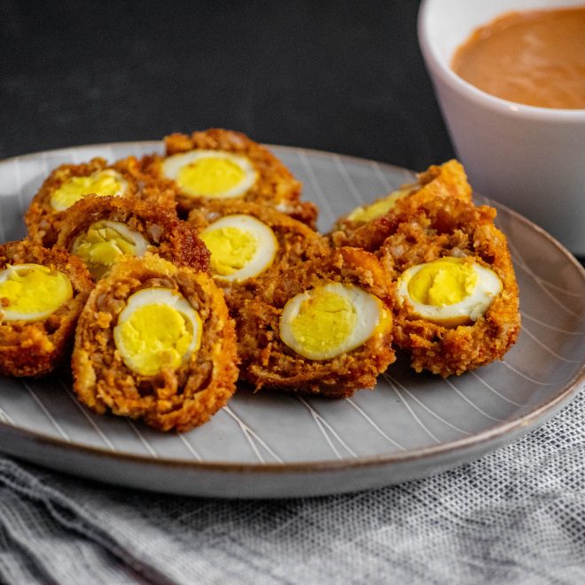 Quail Egg Scotch Eggs with Harissa Dip : Jawns I Cooked